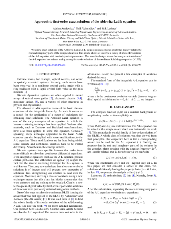 (PDF) Approach to first-order exact solutions of the Ablowitz-Ladik ...
