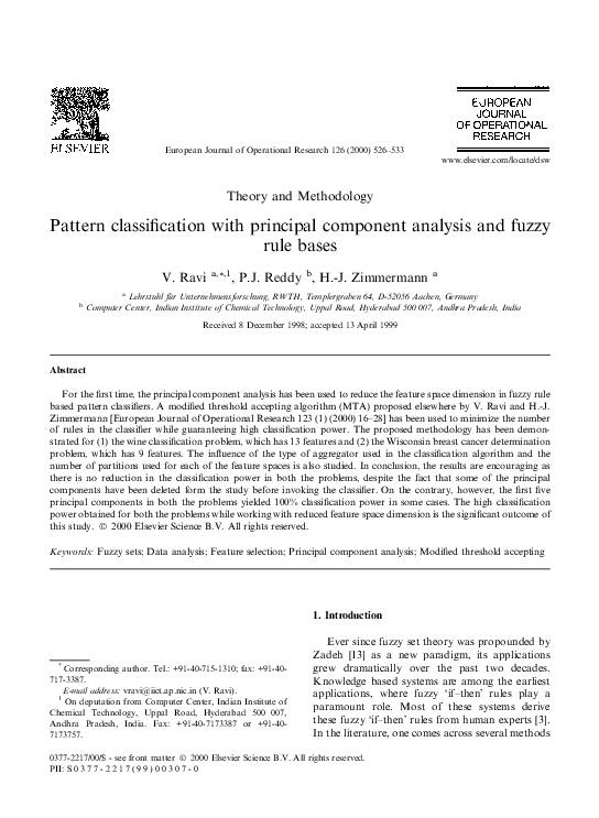 Pdf Pattern Classification With Principal Component Analysis And Fuzzy Rule Bases