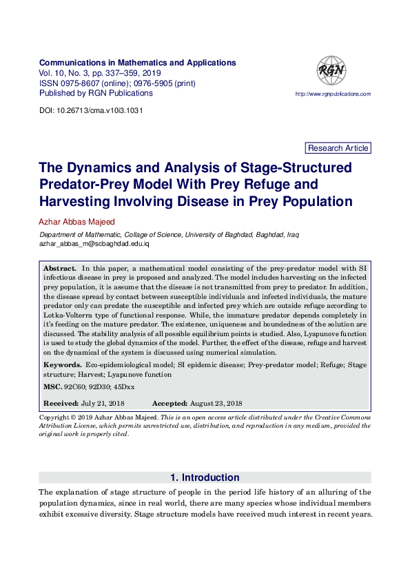(PDF) The Dynamics and Analysis of Stage-Structured Predator-Prey Model With Prey Refuge and ...