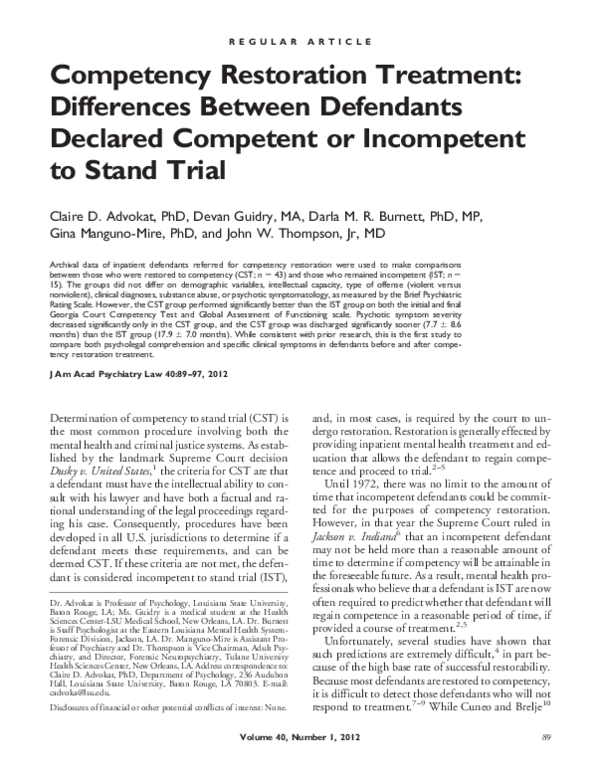 (PDF) Competency restoration treatment: differences between defendants ...