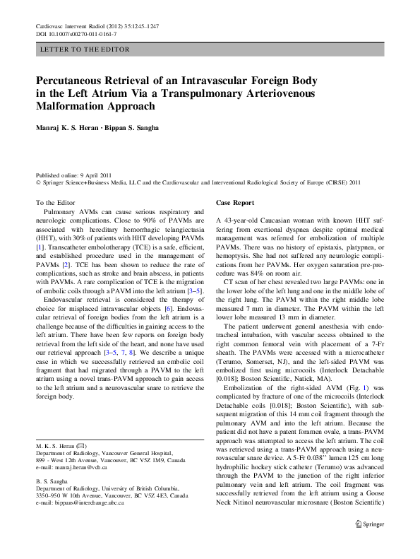 (PDF) Percutaneous Retrieval of an Intravascular Foreign Body in the ...