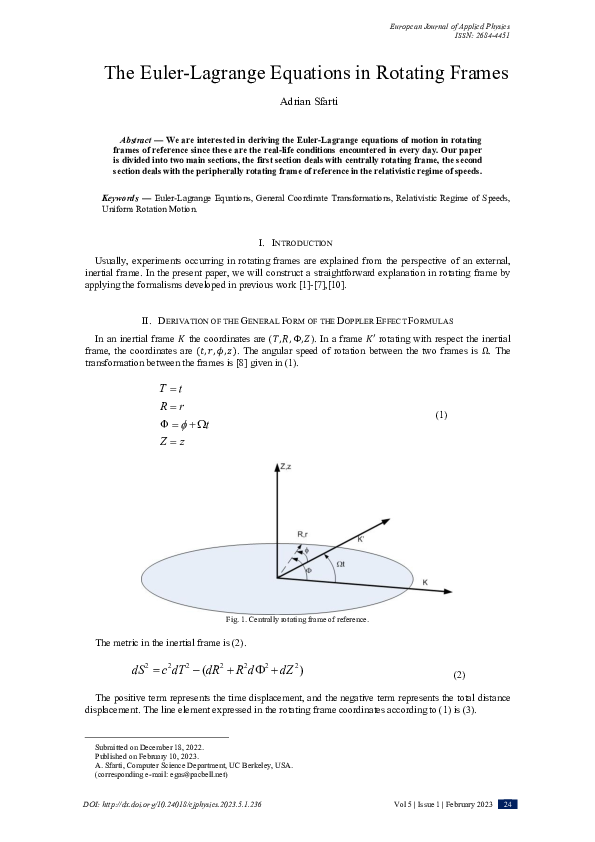 Pdf The Euler Lagrange Equations In Rotating Frames