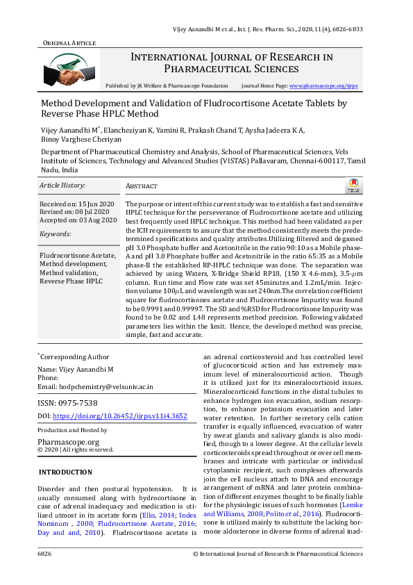 Pdf Method Development And Validation Of Fludrocortisone Acetate Tablets By Reverse Phase Hplc