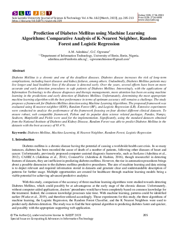 Pdf Prediction Of Diabetes Mellitus Using Machine Learning Algorithms Comparative Analysis Of