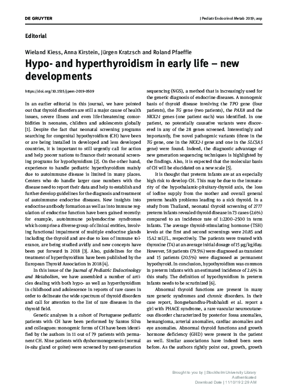 (PDF) Hypo- and hyperthyroidism in early life – new developments