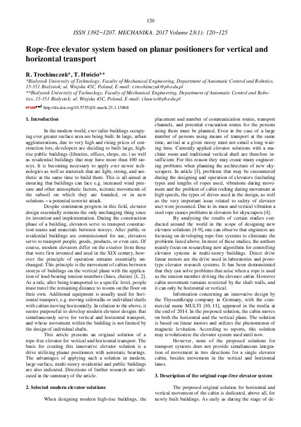 (PDF) Rope-Free Elevator System Based on Planar Positioners for ...