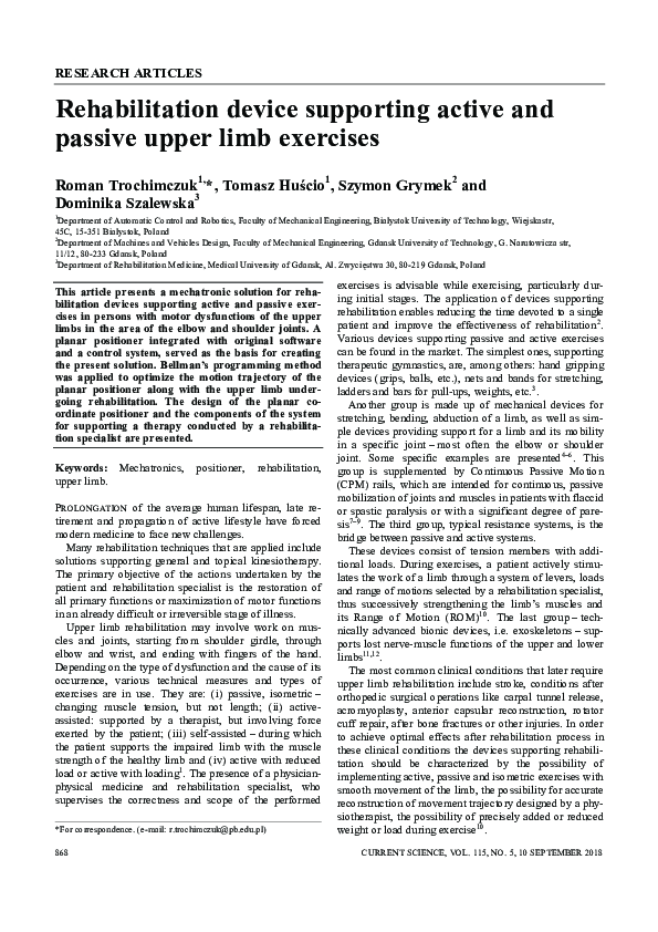 (PDF) Rehabilitation Device Supporting Active and Passive Upper Limb ...