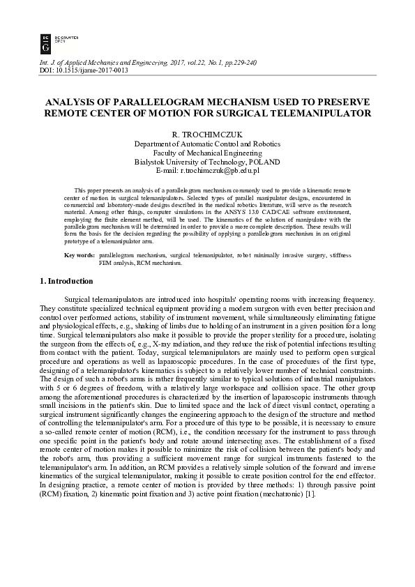 (PDF) Analysis of Parallelogram Mechanism used to Preserve Remote ...