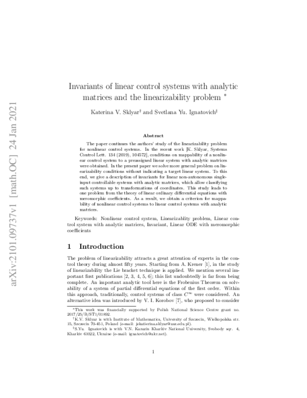 (PDF) Invariants of Linear Control Systems with Analytic Matrices and the Linearizability Problem