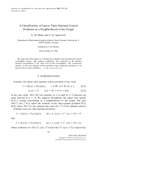 (PDF) A Classification of Linear Time-Optimal Control Problems in a Neighborhood of the Origin