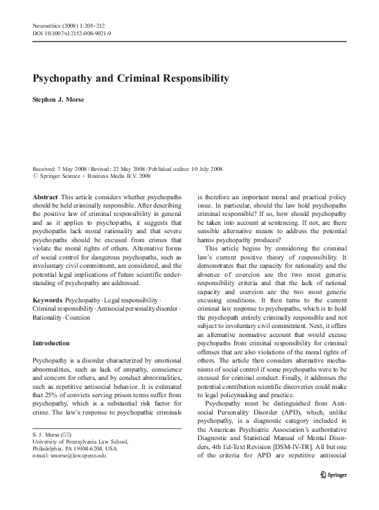(PDF) Psychopathy and Criminal Responsibility