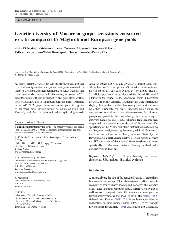 (PDF) Genetic diversity of Moroccan grape accessions conserved ex situ ...
