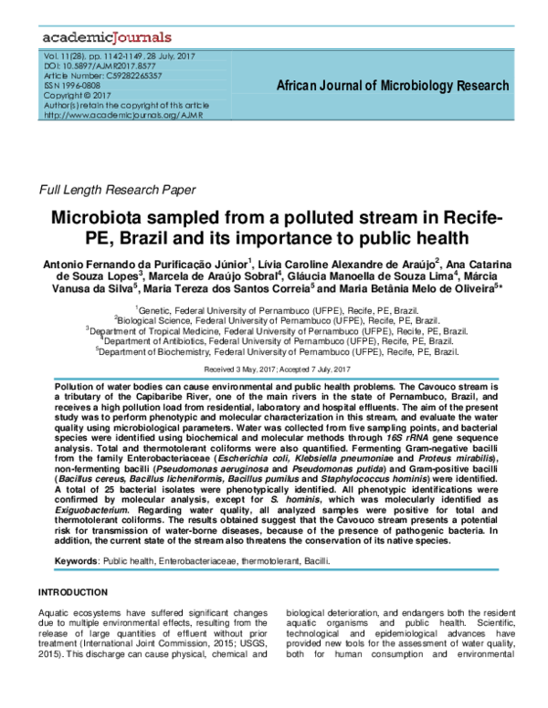 (PDF) Microbiota sampled from a polluted stream in Recife-PE, Brazil ...