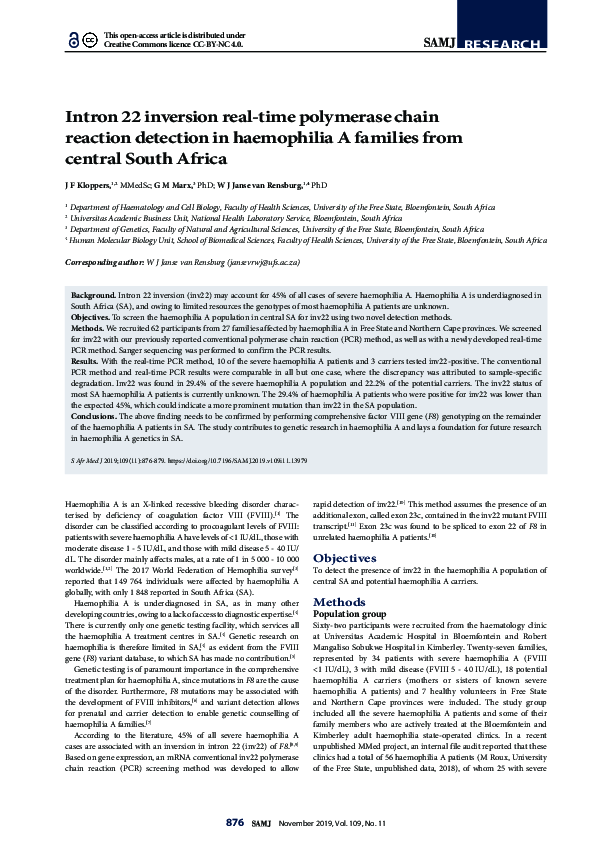 (PDF) Intron 22 inversion real-time polymerase chain reaction detection ...