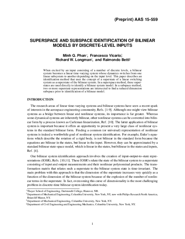 (PDF) Superspace and Subspace Identification of Bilinear Models by Discrete-Level Inputs