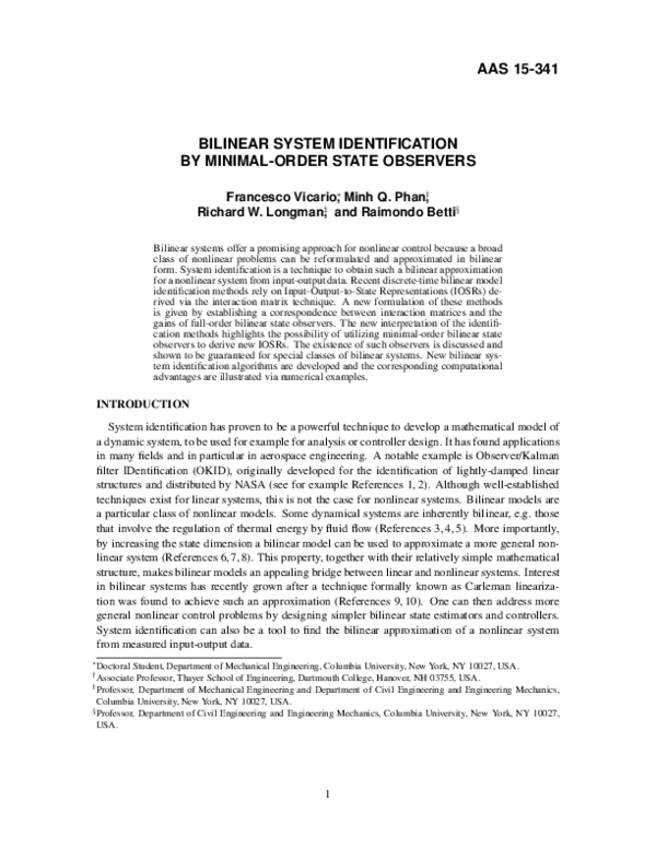 Bilinear System Identification By Minimal Order State Observers