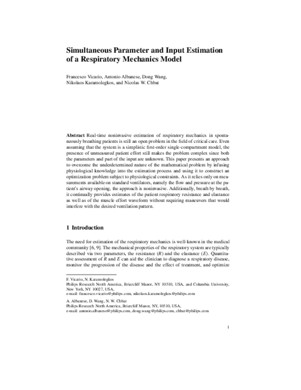 Pdf Simultaneous Parameter And Input Estimation Of A Respiratory