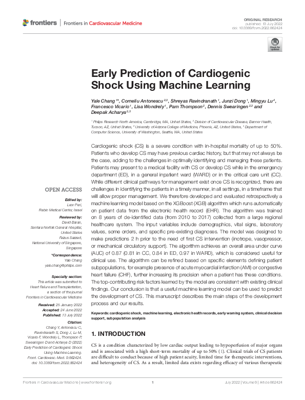 (PDF) Early Prediction of Cardiogenic Shock Using Machine Learning