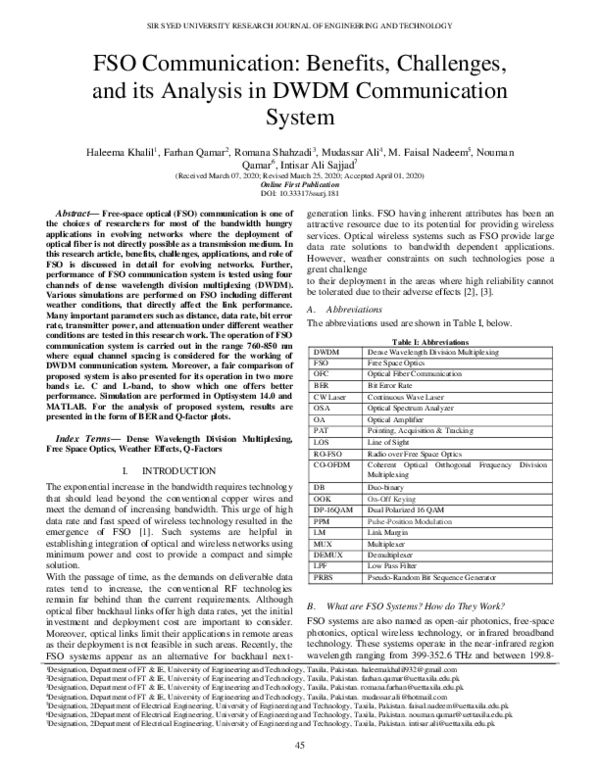 Pdf Fso Communication Benefits Challenges And Its Analysis In Dwdm