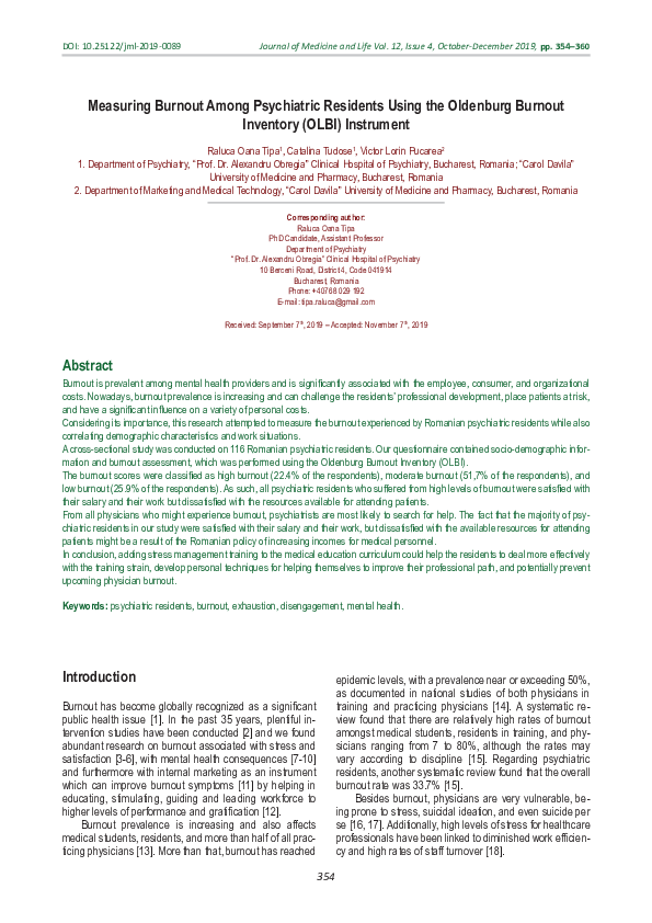 (PDF) Measuring Burnout Among Psychiatric Residents Using the Oldenburg ...