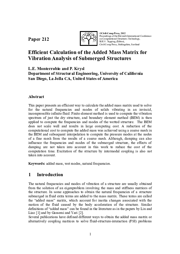 (PDF) Efficient Calculation of the Added Mass Matrix for Vibration Analysis of Submerged Structures