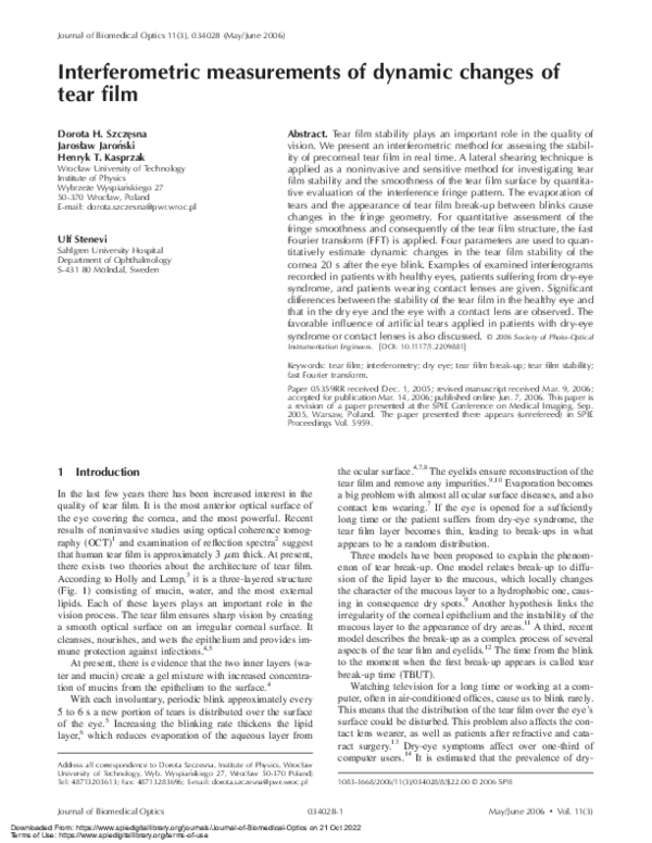 (PDF) Interferometric measurements of dynamic changes of tear film