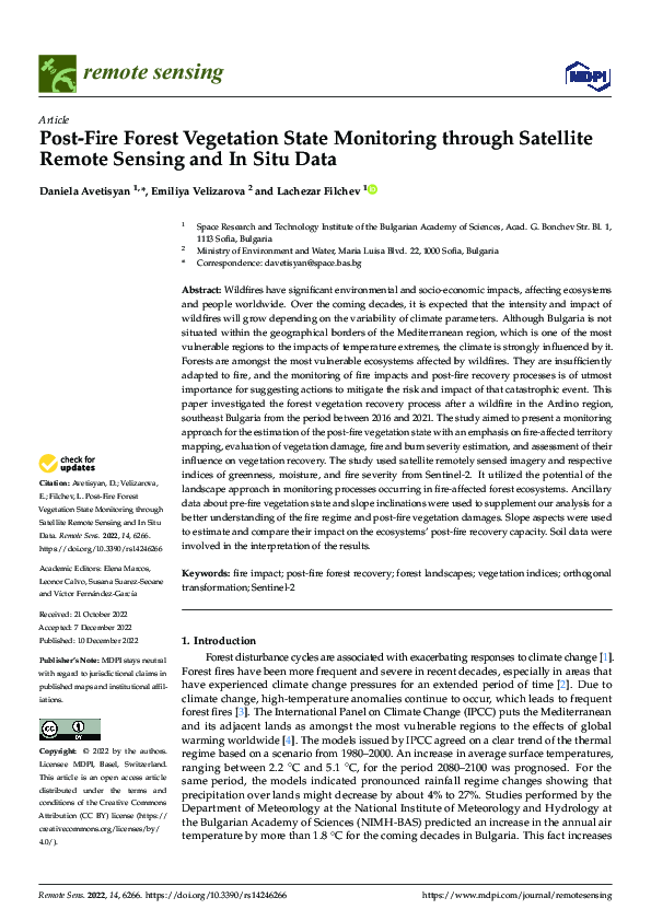 (PDF) Post-Fire Forest Vegetation State Monitoring through Satellite Remote Sensing and In Situ Data