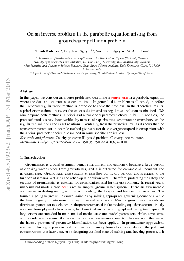 (PDF) Tikhonov Regularization for Inverse Problems in Parabolic Equations