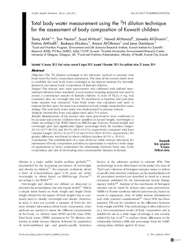 (PDF) Total body water measurement using the 2H dilution technique for ...