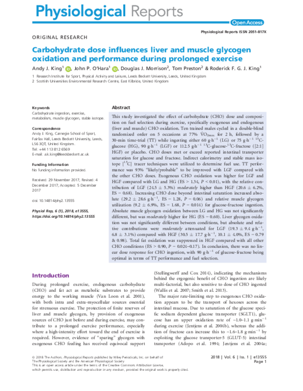 (PDF) Carbohydrate dose influences liver and muscle glycogen oxidation ...