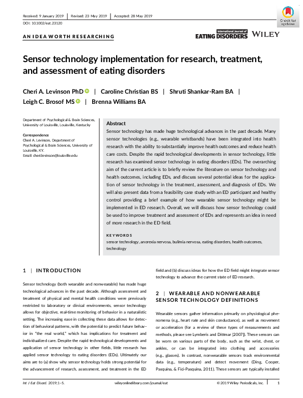 (PDF) Sensor technology implementation for research, treatment, and assessment of eating disorders