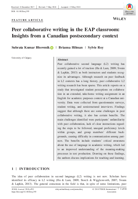 (PDF) Peer collaborative writing in the EAP classroom: Insights from a ...