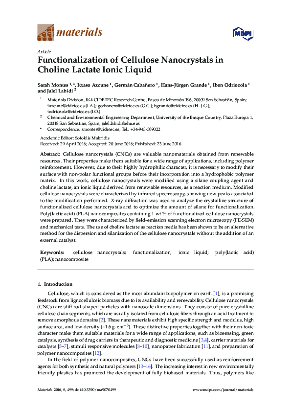 (PDF) Functionalization of Cellulose Nanocrystals in Choline Lactate Ionic Liquid