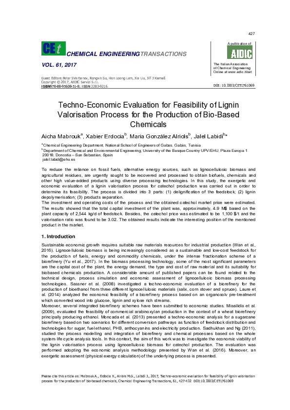 (PDF) Techno-economic evaluation for feasibility of lignin valorisation process for the ...