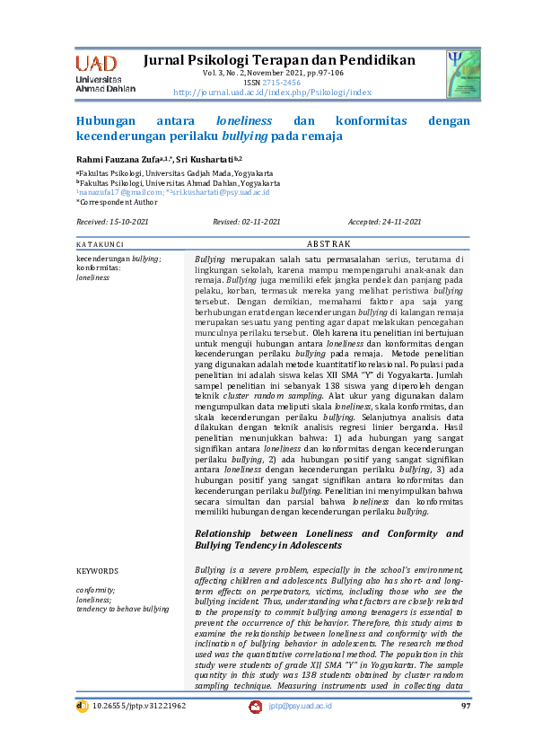 (PDF) Hubungan antara loneliness dan konformitas dengan kecenderungan perilaku bullying pada remaja