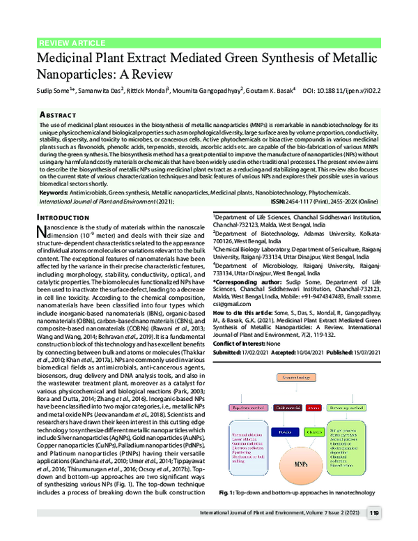 (PDF) Medicinal Plant Extract Mediated Green Synthesis of Metallic Nanoparticles: A Review