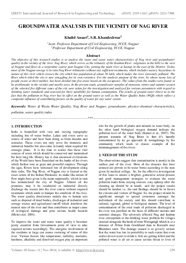 (PDF) Groundwater Analysis in the Vicinity of Nag River