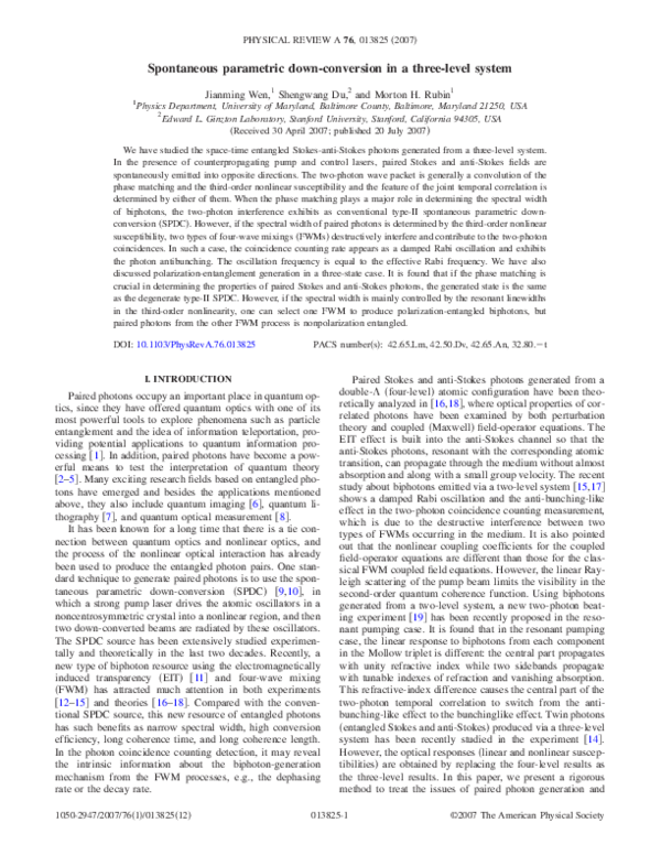 (PDF) Spontaneous parametric down-conversion in a three-level system