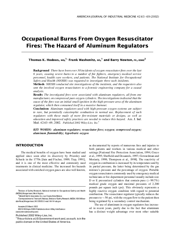 (PDF) Occupational burns from oxygen resuscitator fires: The hazard of ...
