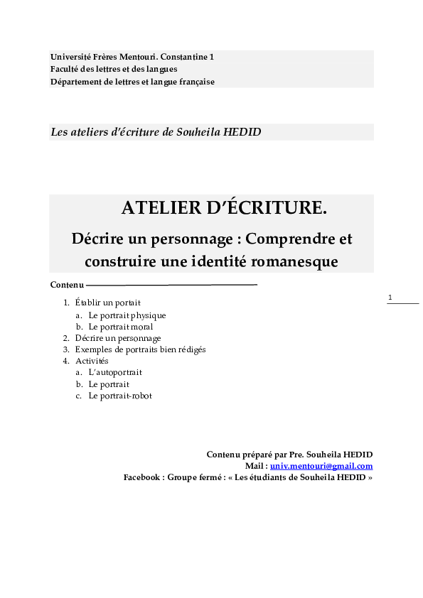 (PDF) Atelier d'écriture Décrire un personnage