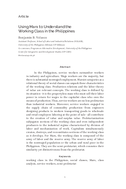 (PDF) Using Marx to Understand the Working Class in the Philippines