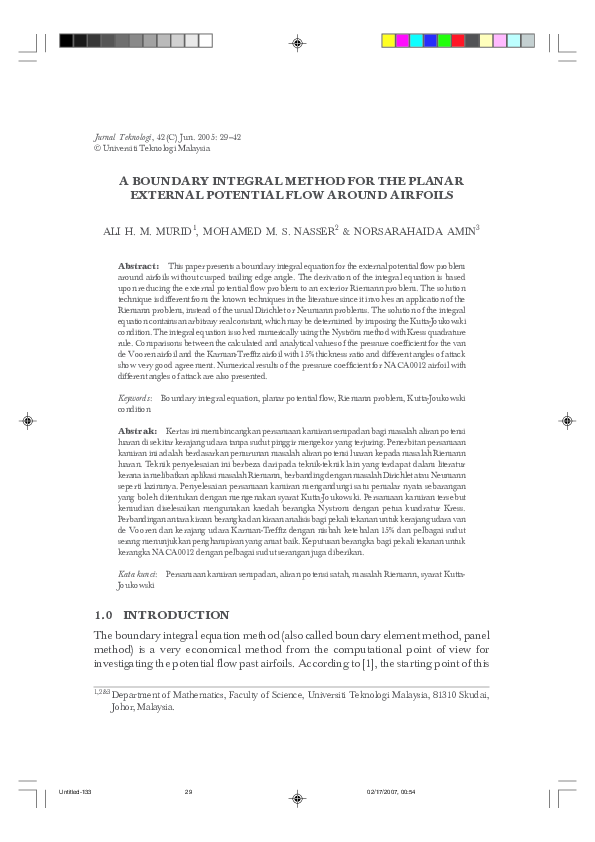 (PDF) A boundary integral method for the planar external potential flow around airfoils