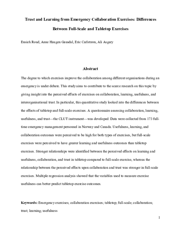 (PDF) Outcome of collaborative emergency exercises: Differences between full‐scale and tabletop ...