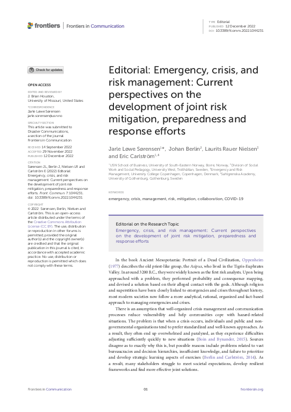 (PDF) Editorial: Emergency, crisis, and risk management: Current ...