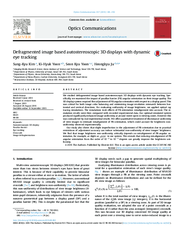 (PDF) Defragmented image based autostereoscopic 3D displays with dynamic eye tracking