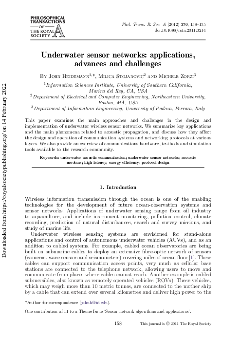 Underwater sensor networks: applications, advances and challenges Underwater sensor networks: applications, advances and challenges