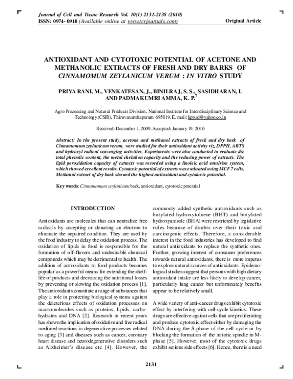 (PDF) Antioxidant and Cytotoxic Potential of Acetone and Methanolic Extracts of Fresh and Dry ...