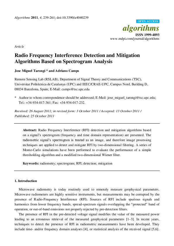 Pdf Radio Frequency Interference Detection And Mitigation Algorithms Based On Spectrogram