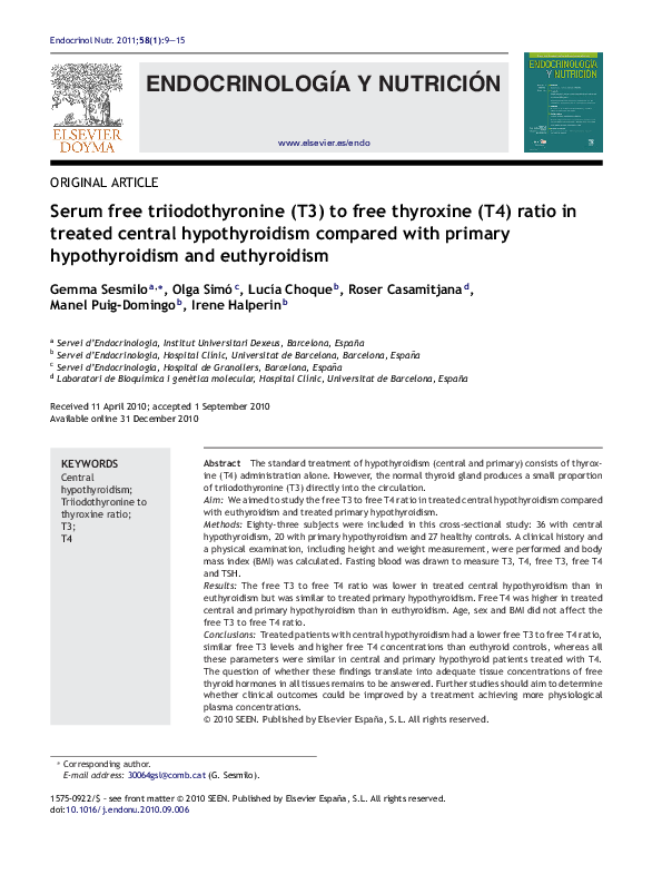 (PDF) Serum free triiodothyronine (T3) to free thyroxine (T4) ratio in ...
