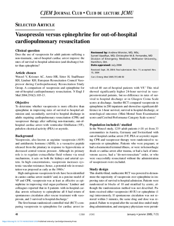(PDF) Vasopressin versus epinephrine for out–of–hospital cardiopulmonary resuscitation